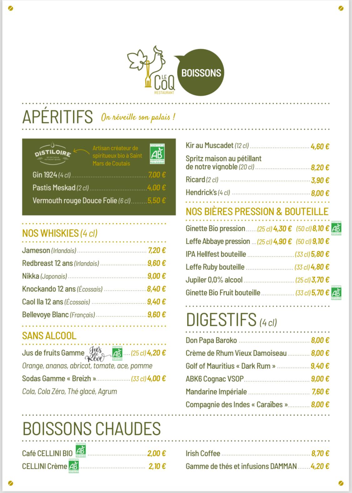 Menu au Le Coq Restaurant, Le Bignon