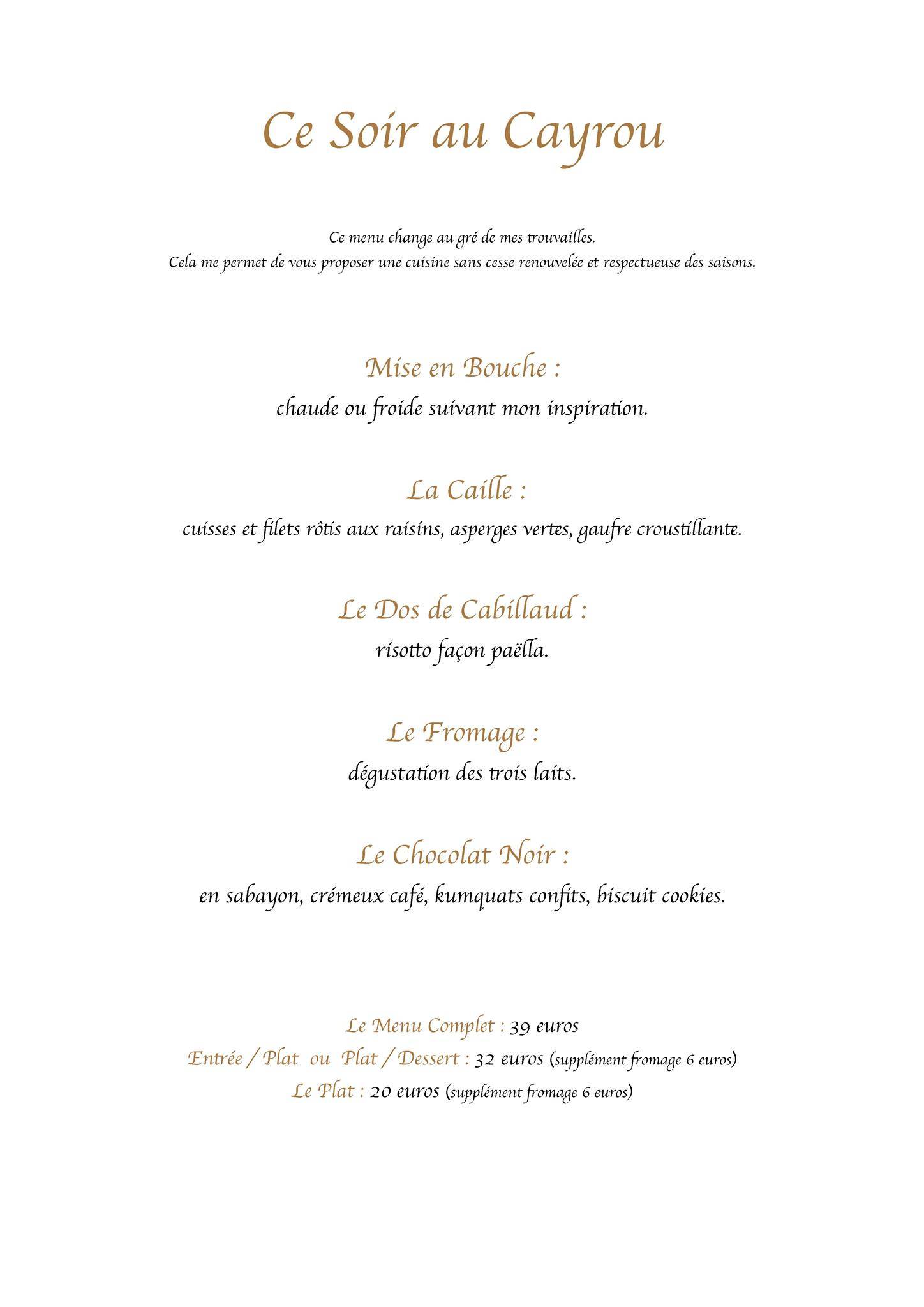 Menu au Le Cayrou restaurant, Argelès-sur-Mer