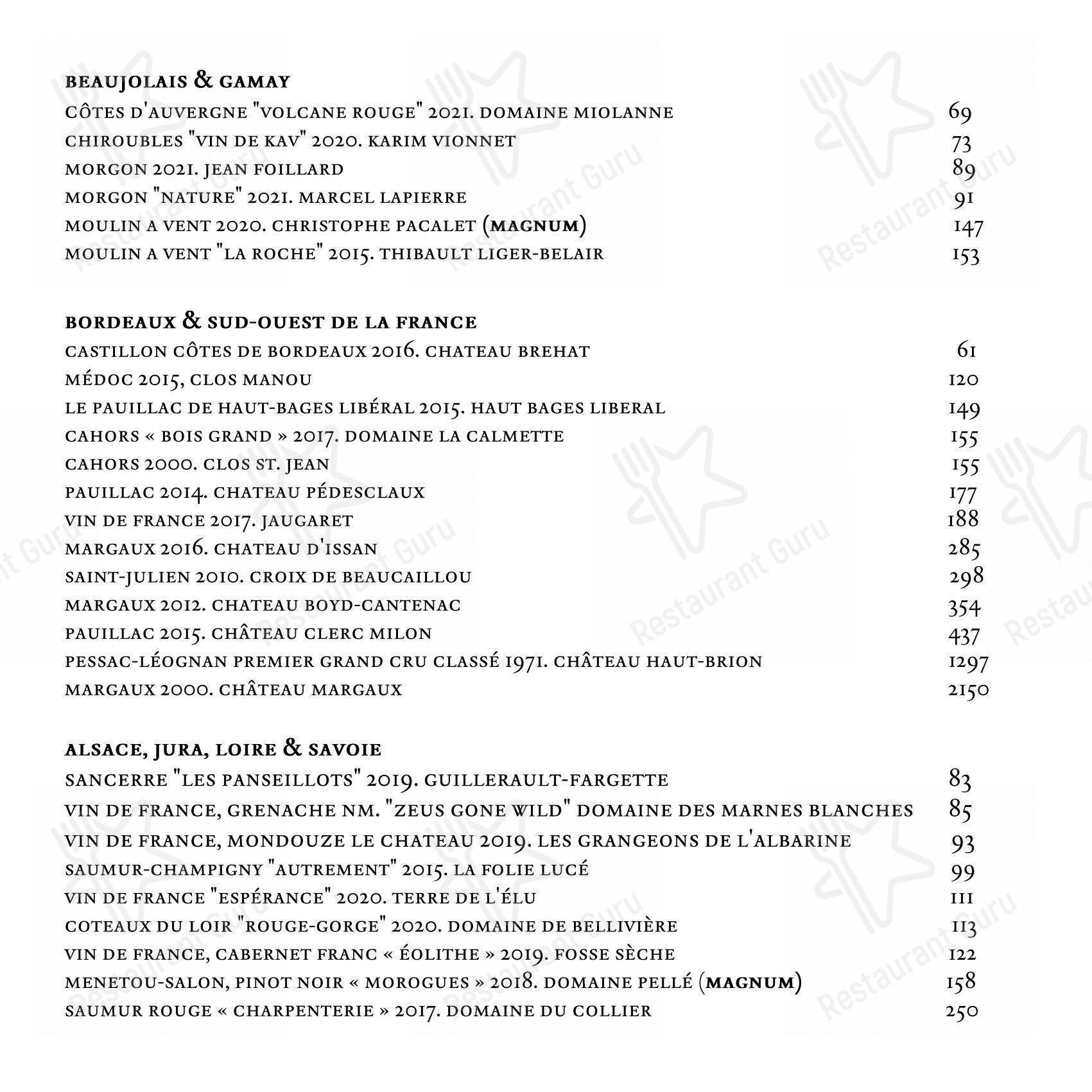 Menu at Le Filet restaurant, Montréal
