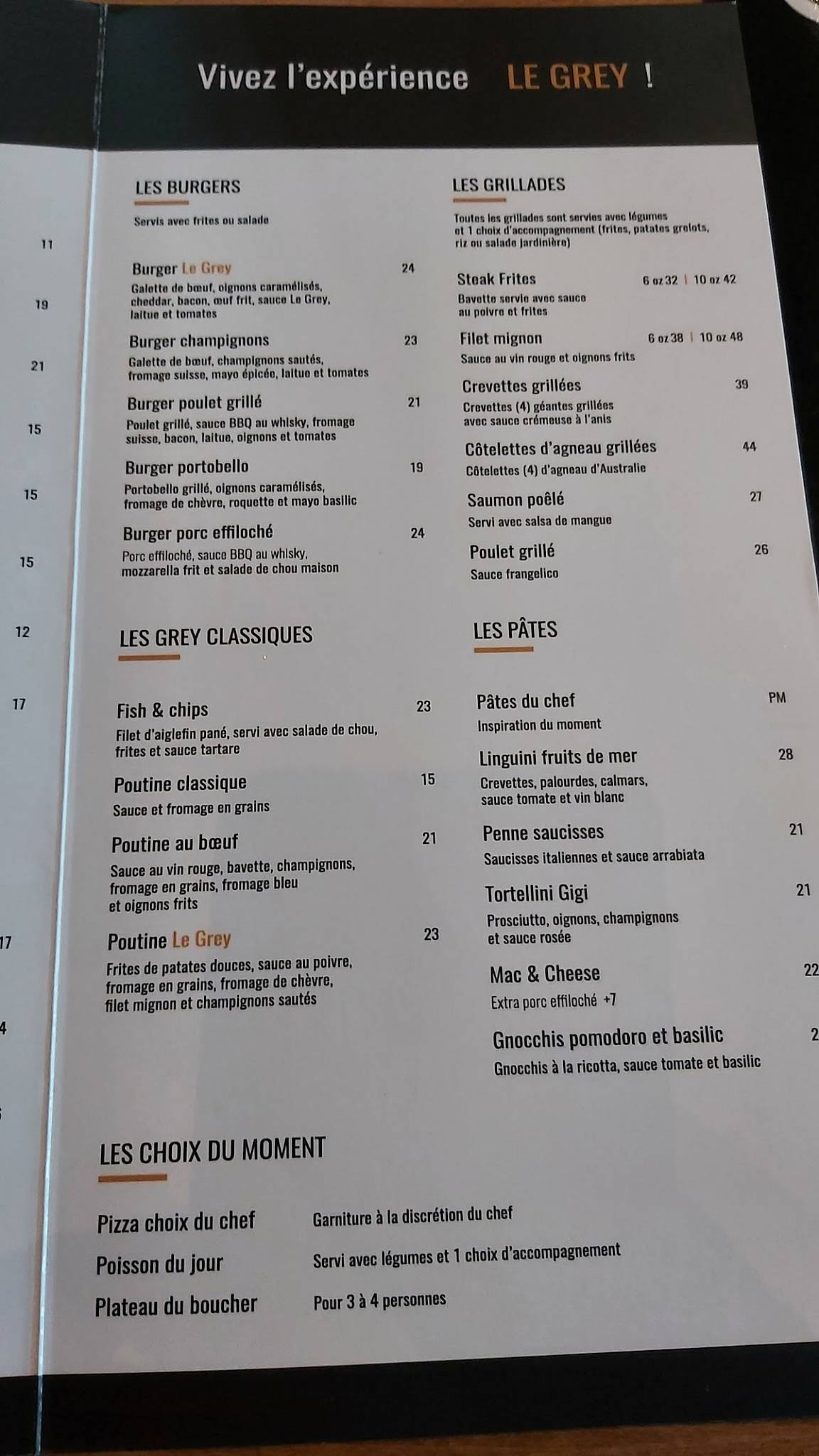 Menu au Le Grey Lounge & Grill restaurant, Laval