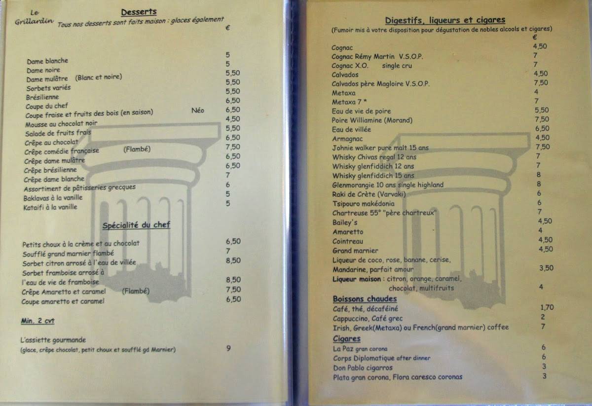 Menu au Le Grillardin, Frameries