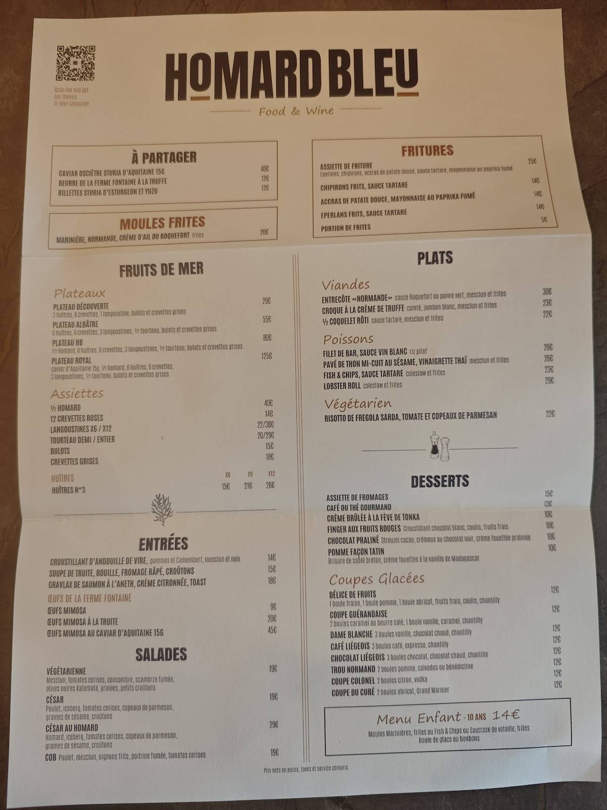 Menu au Restaurant Le Homard Bleu Etretat, Étretat
