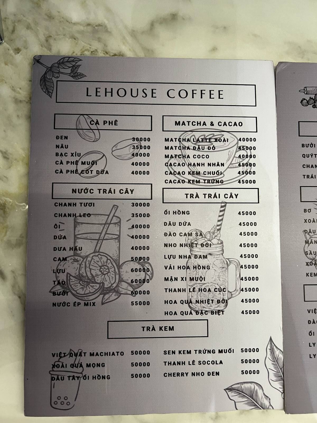 Menu at Le House Coffee cafe, Ha Long