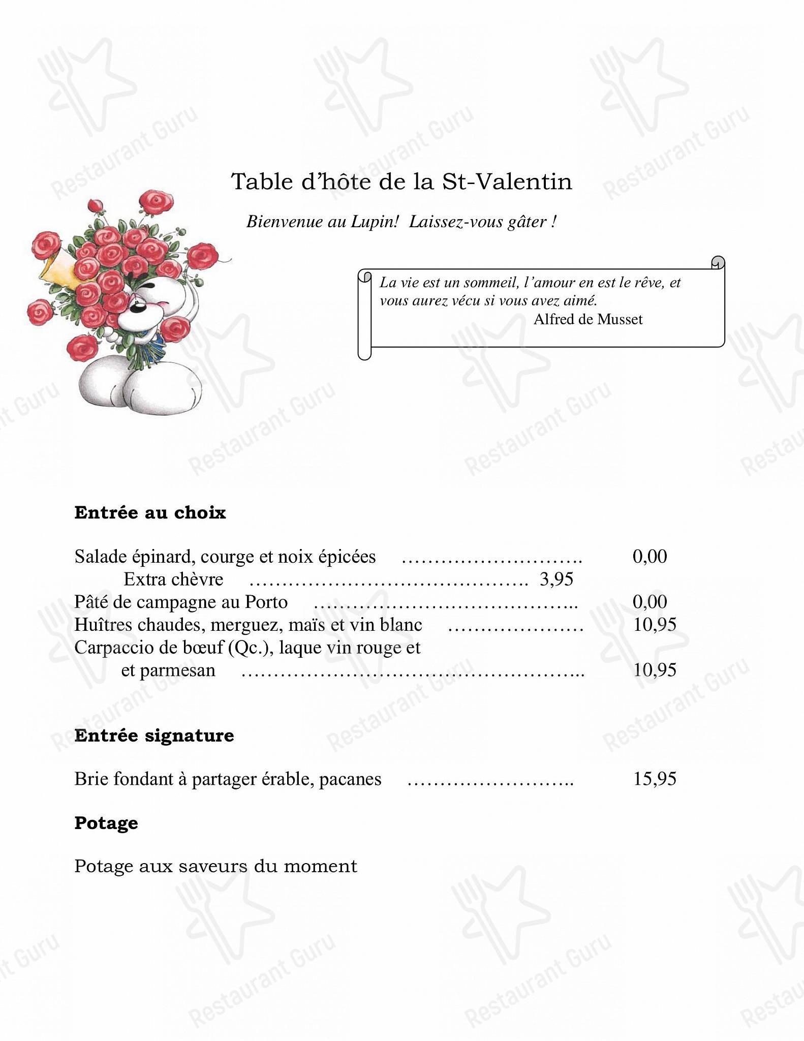 Menu au Le Lupin restaurant, Trois-Rivières