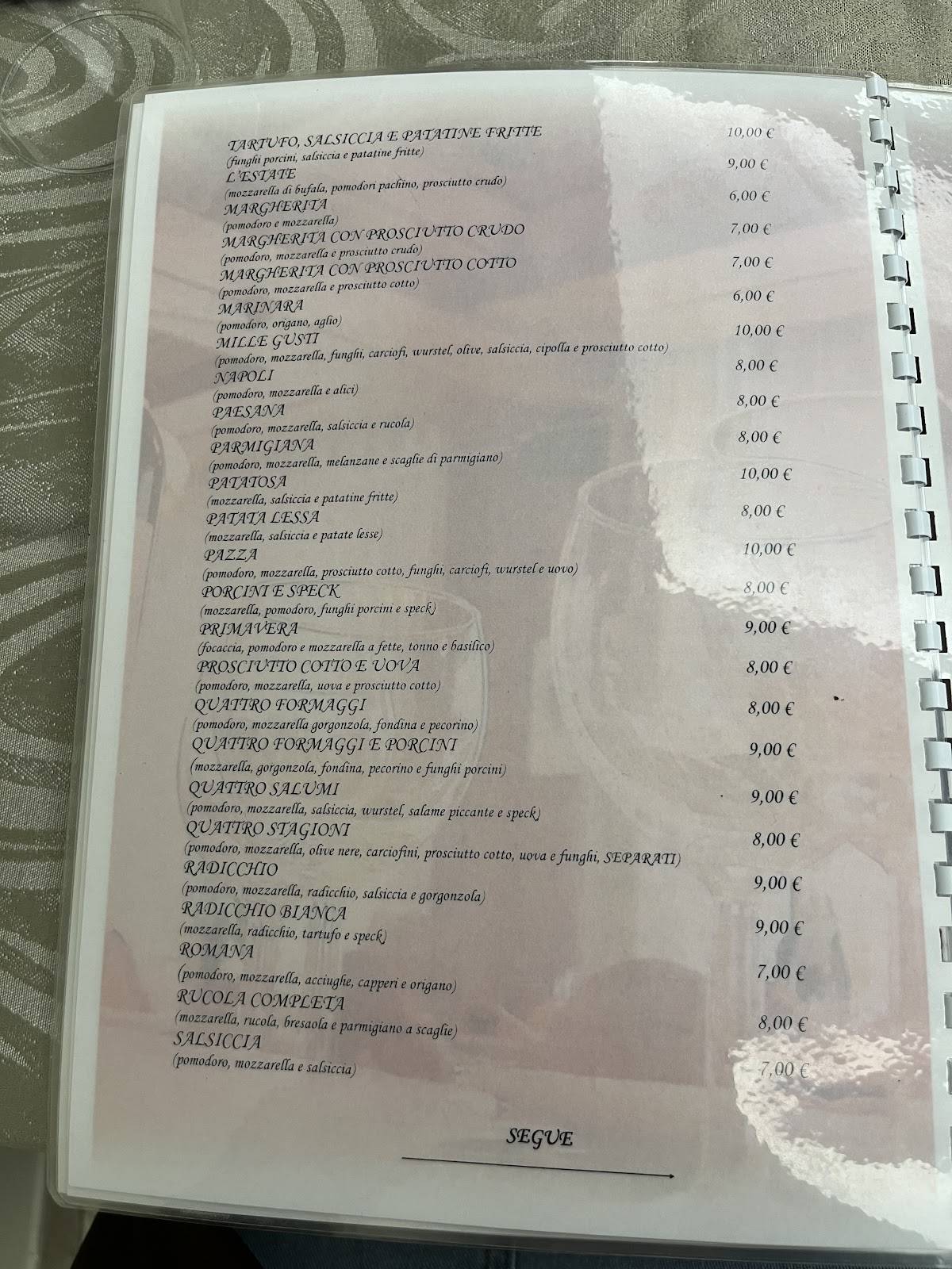 Menu da Le Mirage ristorante, Celano