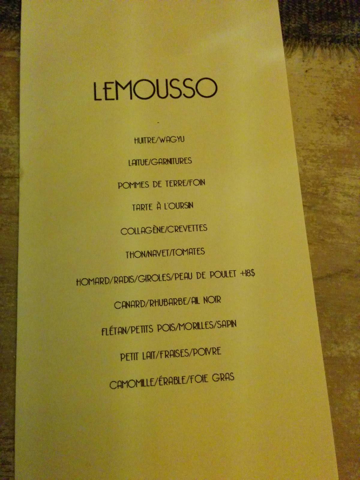 Menu at Le Mousso restaurant, Montréal, Ontario St E