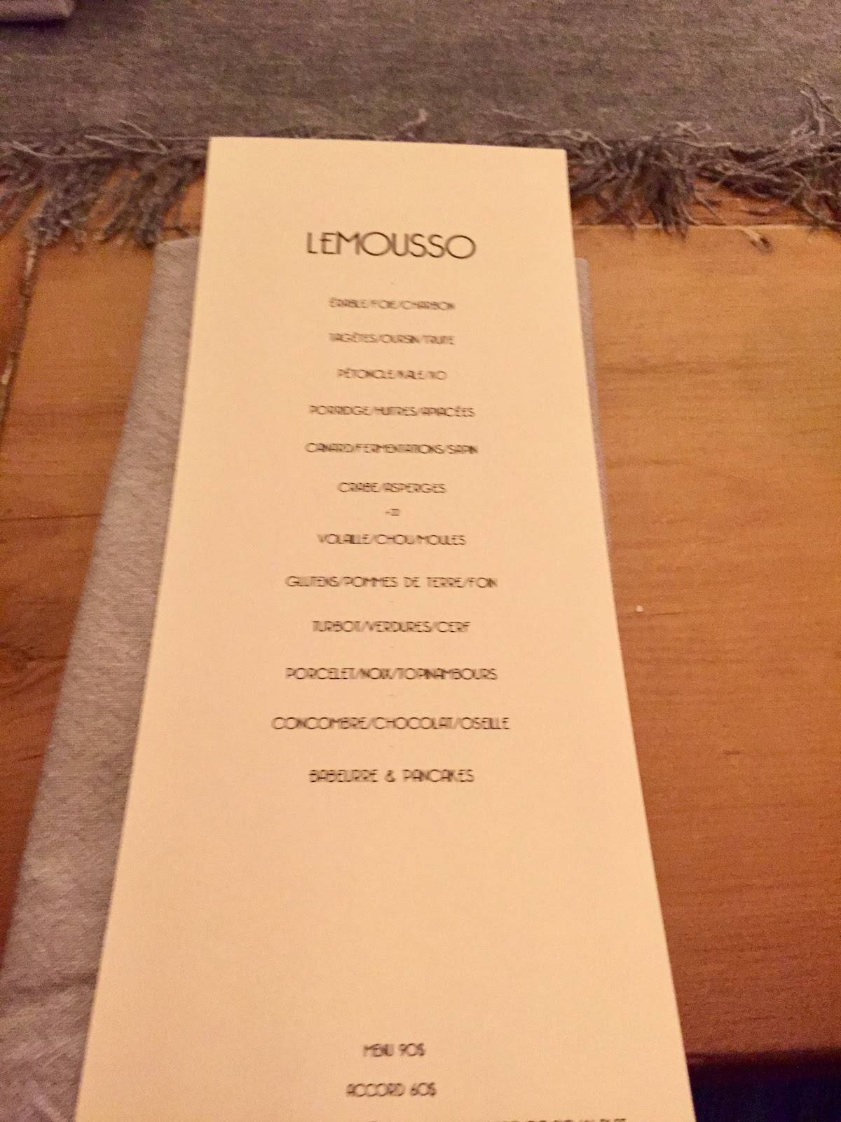 Menu at Le Mousso restaurant, Montréal, Ontario St E