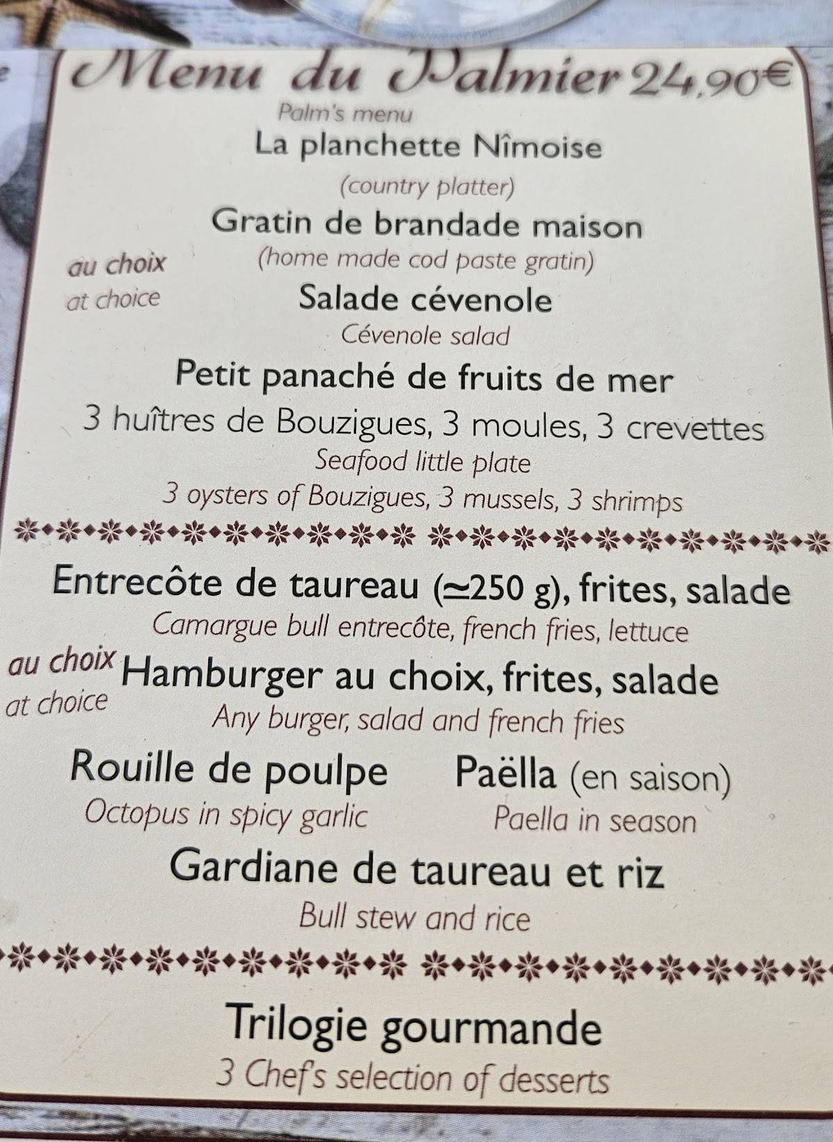 Menu au Le Palmier restaurant, Nimes, 18 Pl. du Marché