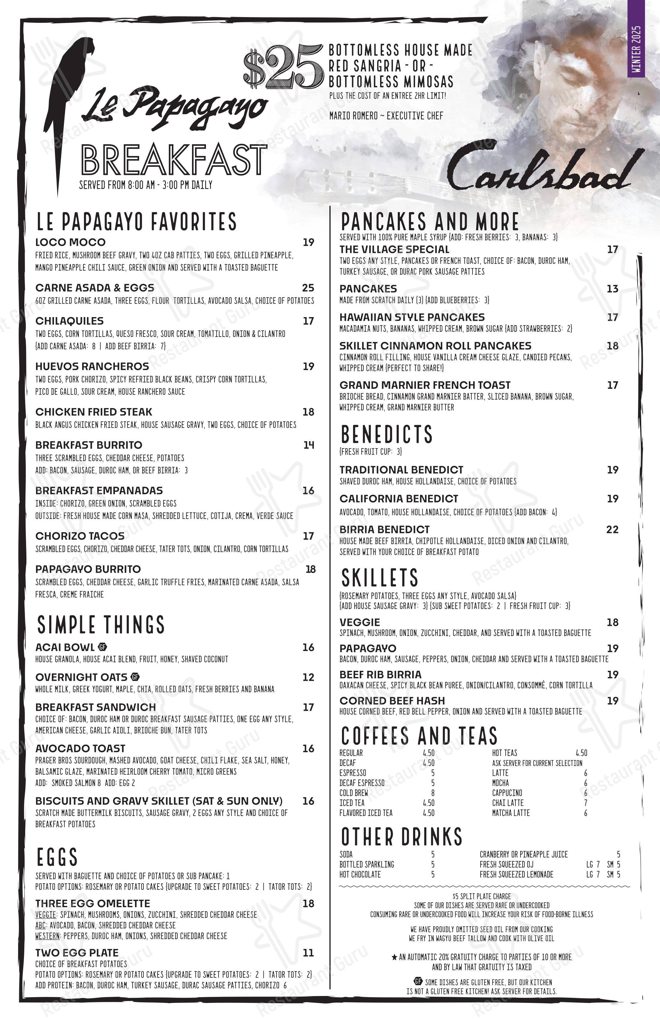 Menu at Le Papagayo Carlsbad pub & bar, Carlsbad