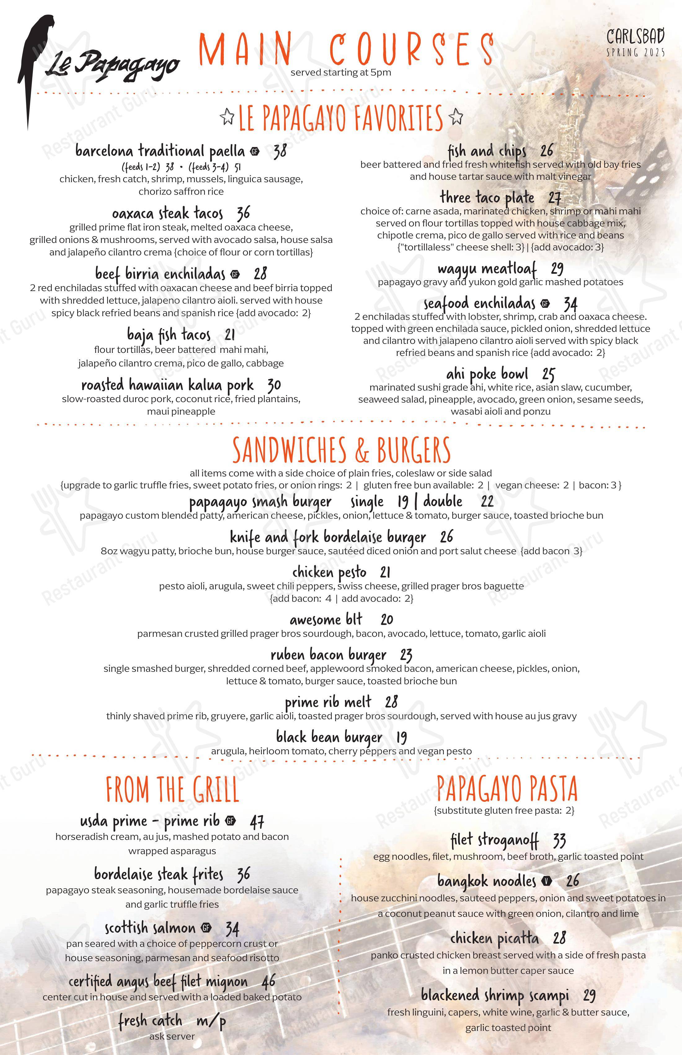 Menu at Le Papagayo Carlsbad pub & bar, Carlsbad
