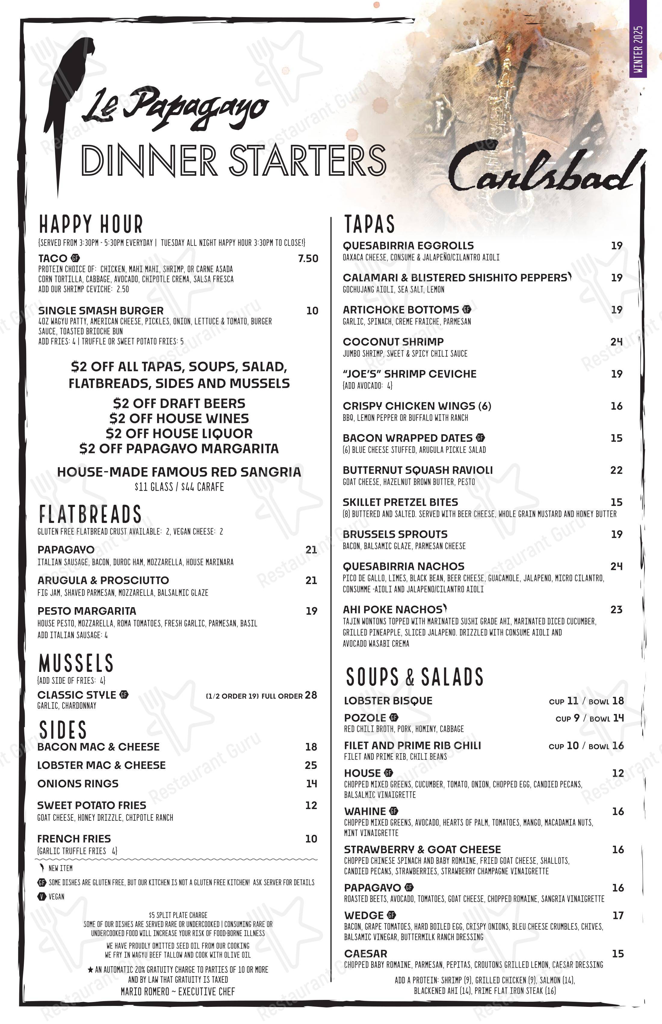 Menu at Le Papagayo Carlsbad pub & bar, Carlsbad