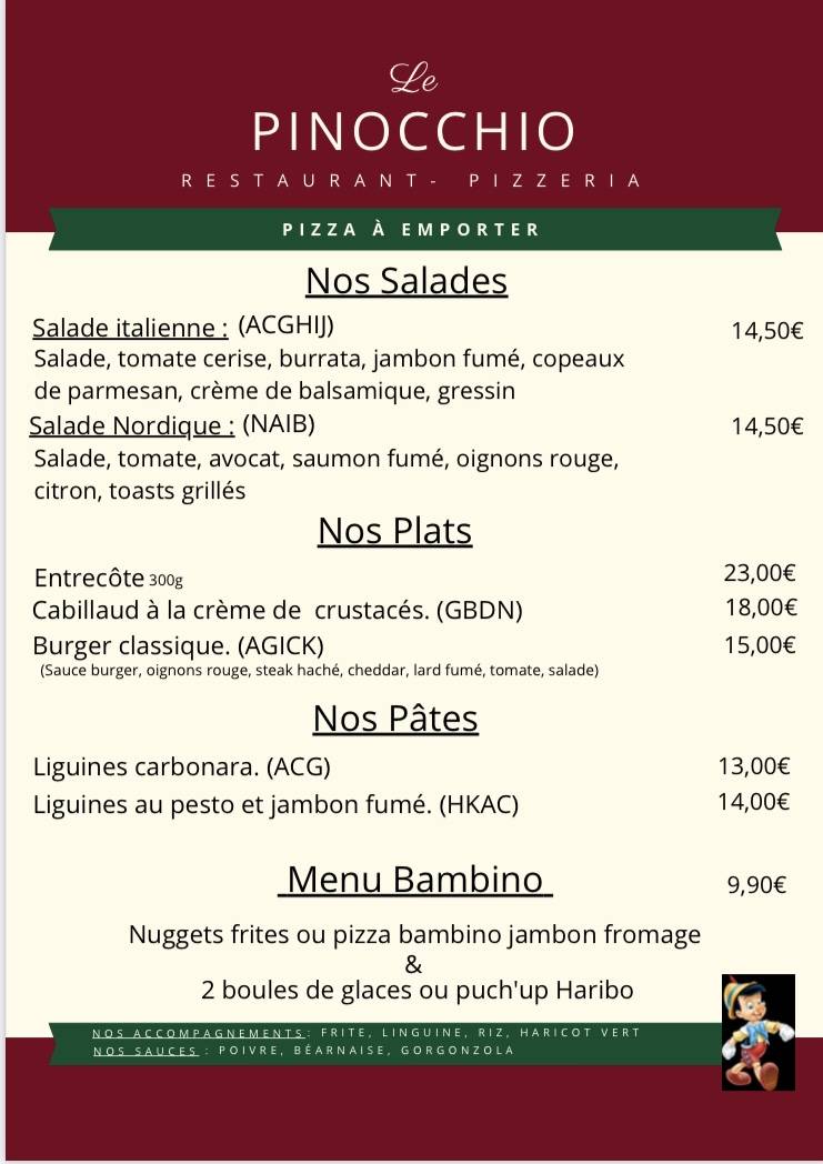 Carta de pizzería Le Pinocchio, Veules-les-Roses