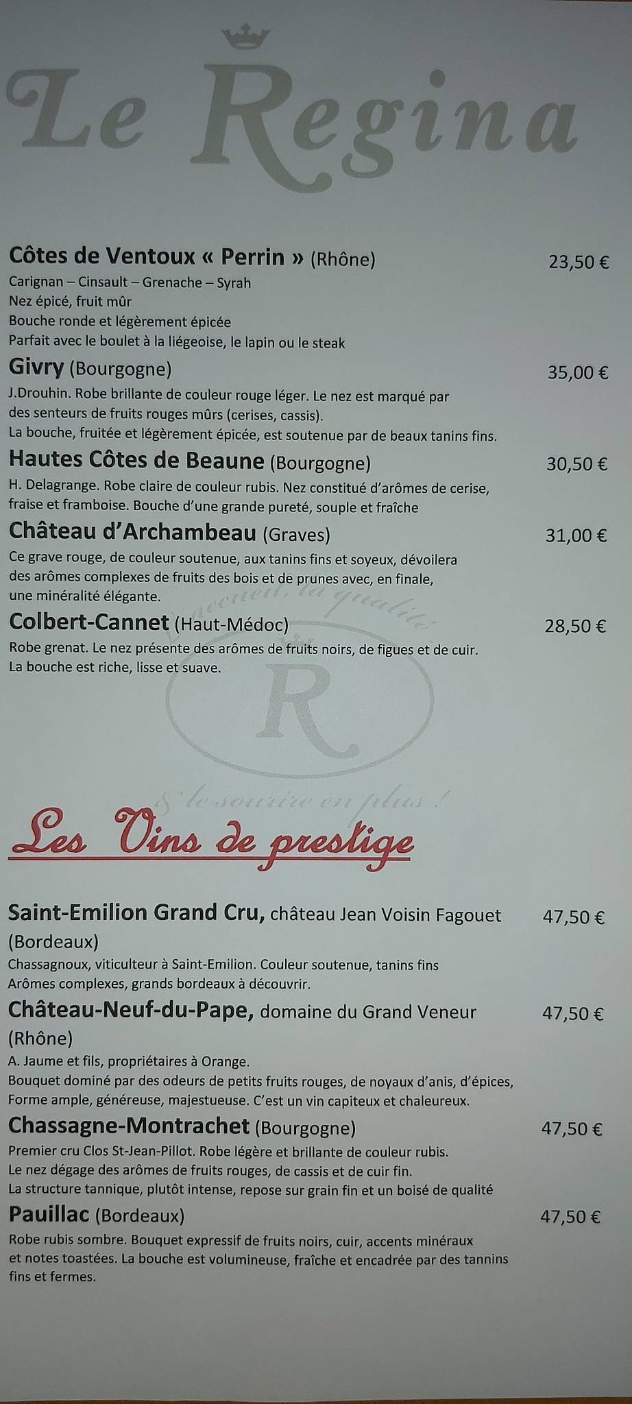 Menu au Le Régina, Liège