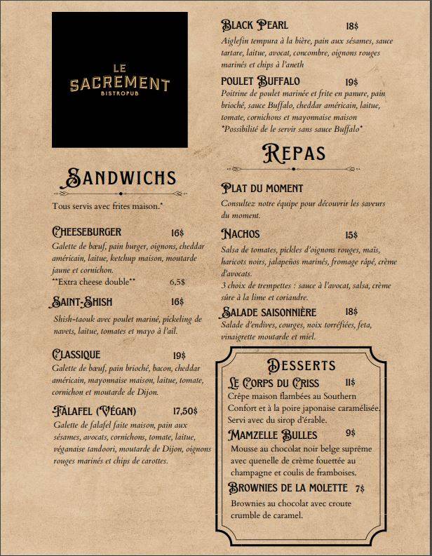 Carta del pub y bar Le Sacrement, Quebec