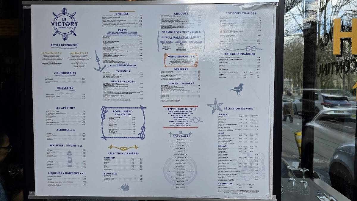 Menu at Le Victory restaurant, Paris