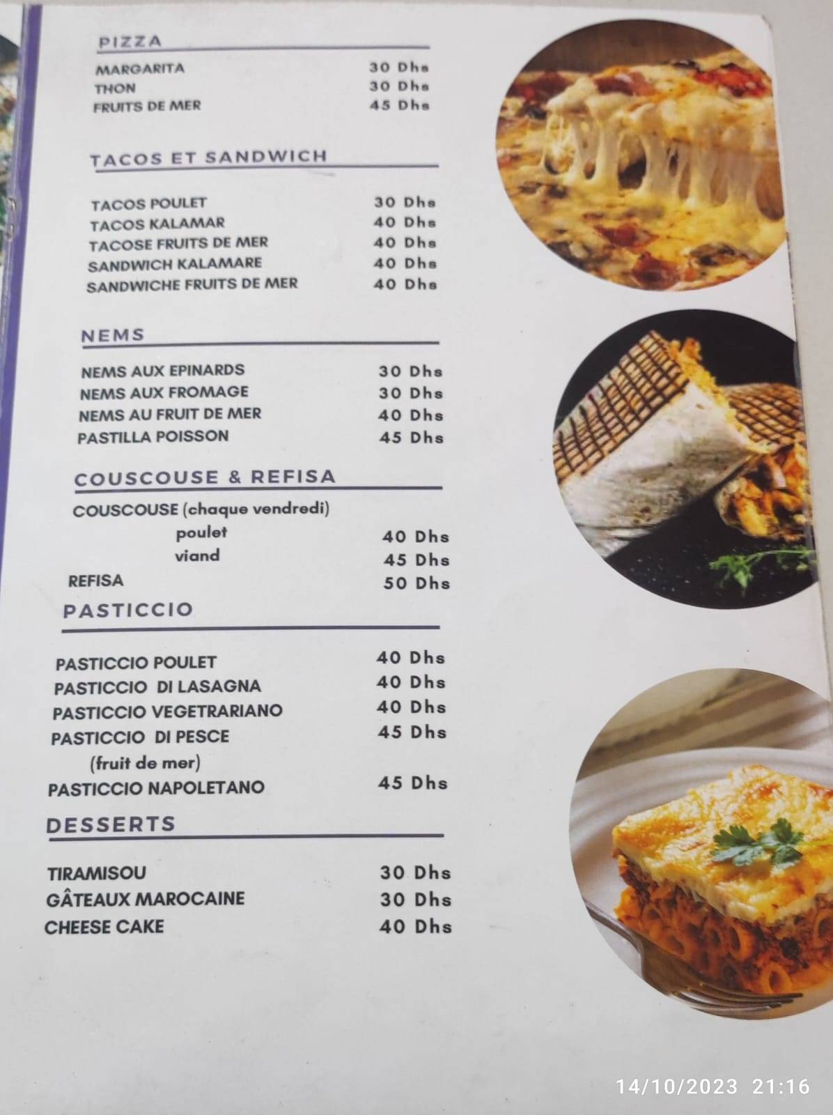 Menu au Le port restaurant, Temara
