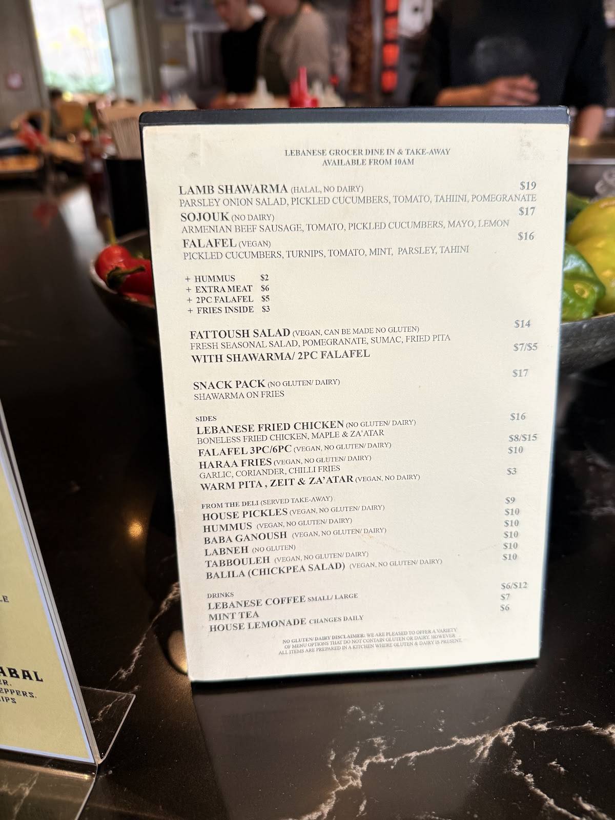 Menu at Lebanese Grocer restaurant, Auckland