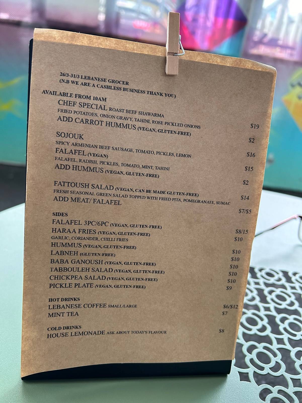 Menu at Lebanese Grocer restaurant, Auckland