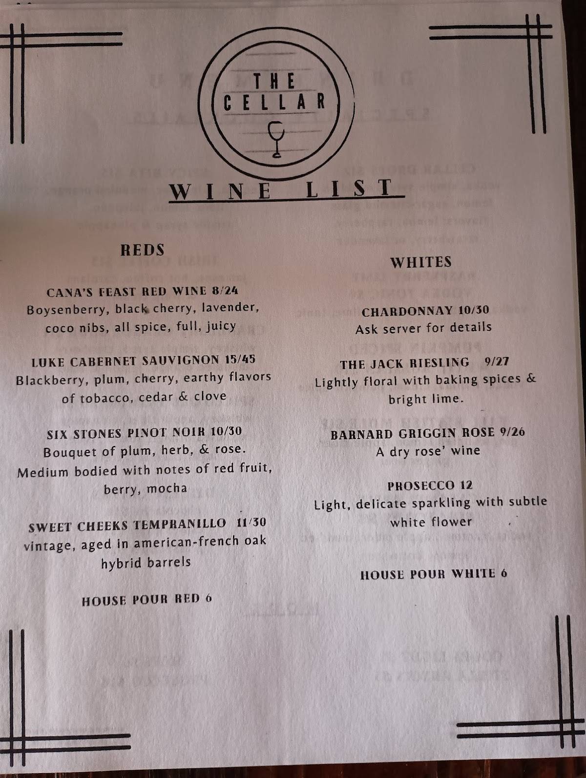 Menu at The Cellar restaurant, Lebanon