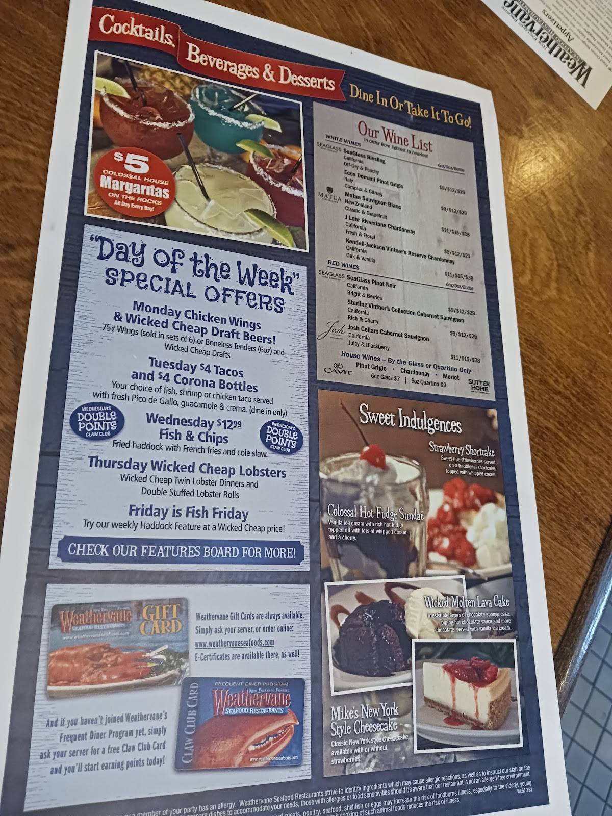 Menu at Weathervane Seafood Restaurant, Lebanon, 267 N Plainfield Rd