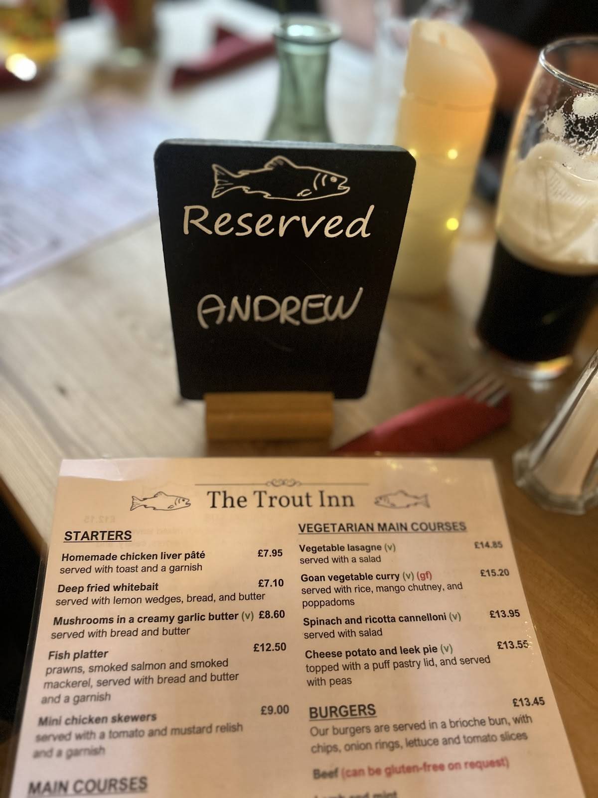 Menu at Trout Inn pub & bar, Lechlade, Road