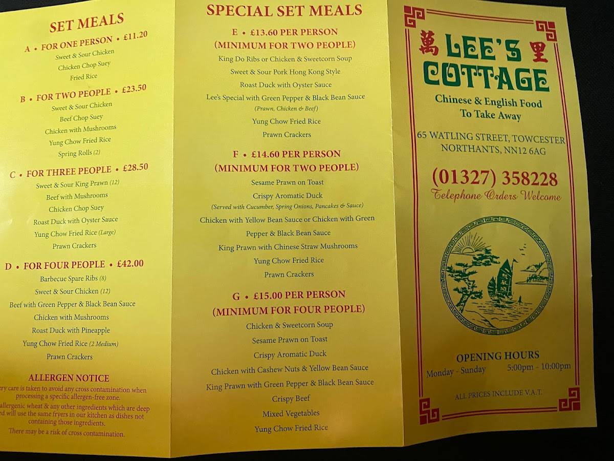 Menu at Lee's Cottage fast food, Towcester, 65 Watling St