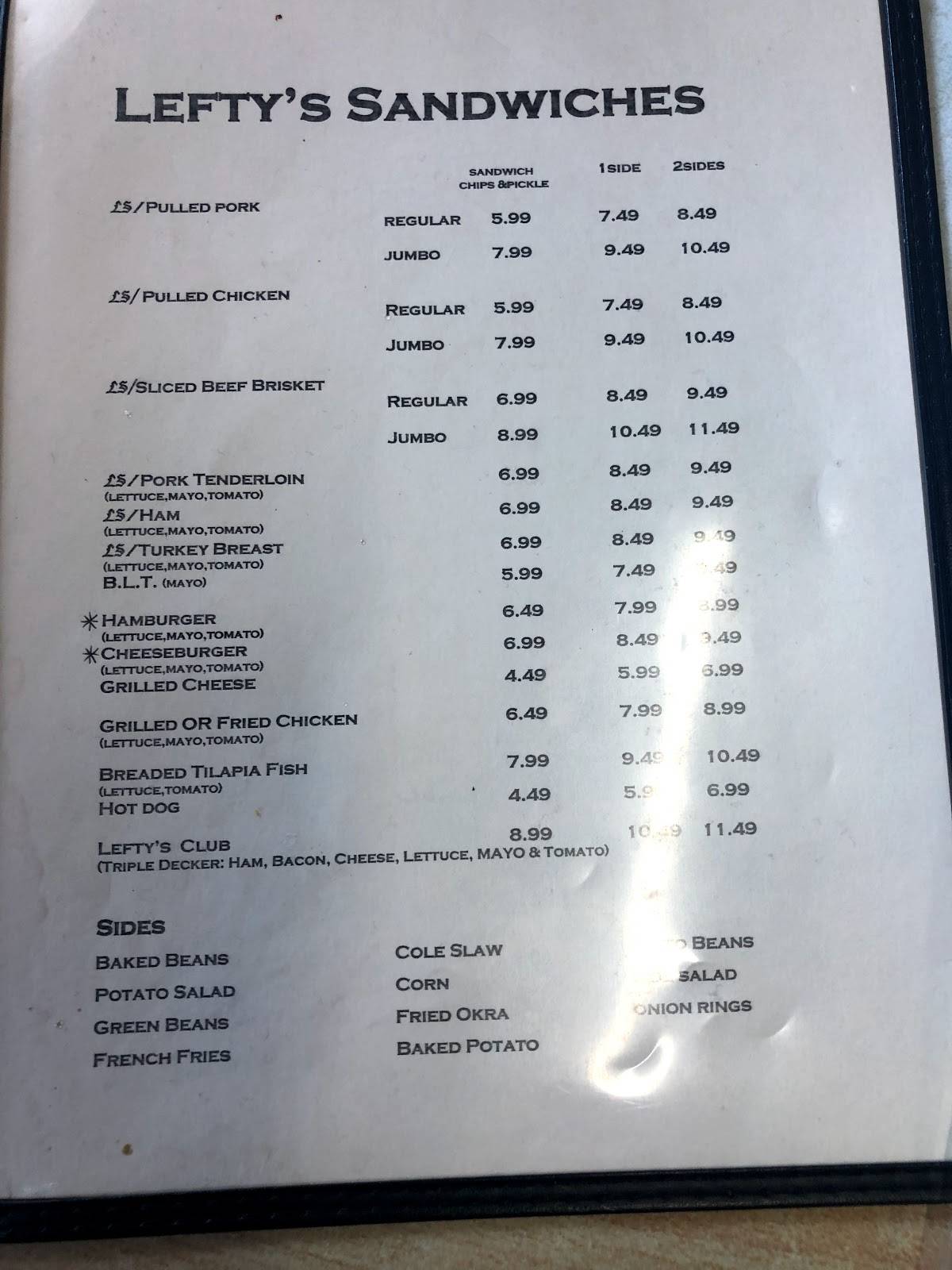 Menu at Lefty's Barbeque, Crossville, Genesis Rd
