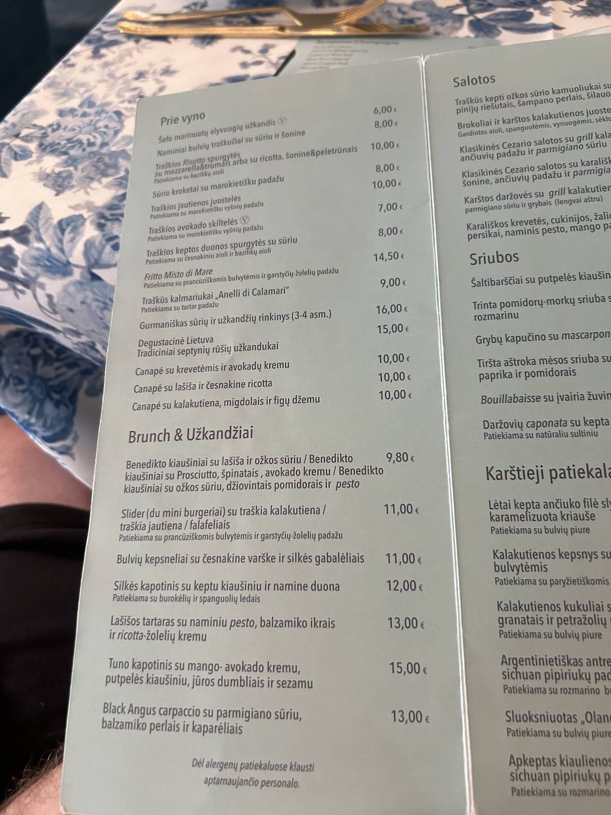 Menu at Leja restaurant, Šiauliai