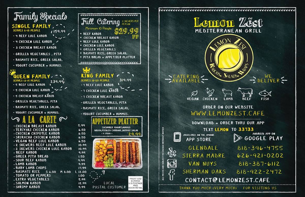 Menu at Lemón Zëst restaurant, Los Angeles, Balboa Blvd UNIT 109
