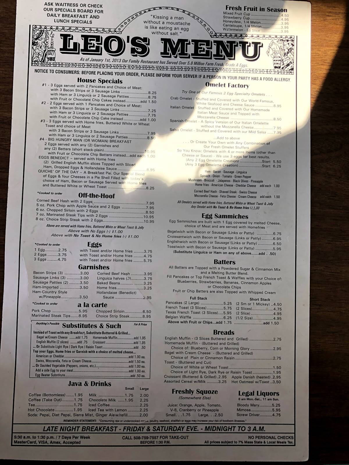 Menu at Leo's Breakfast Restaurant, Bourne
