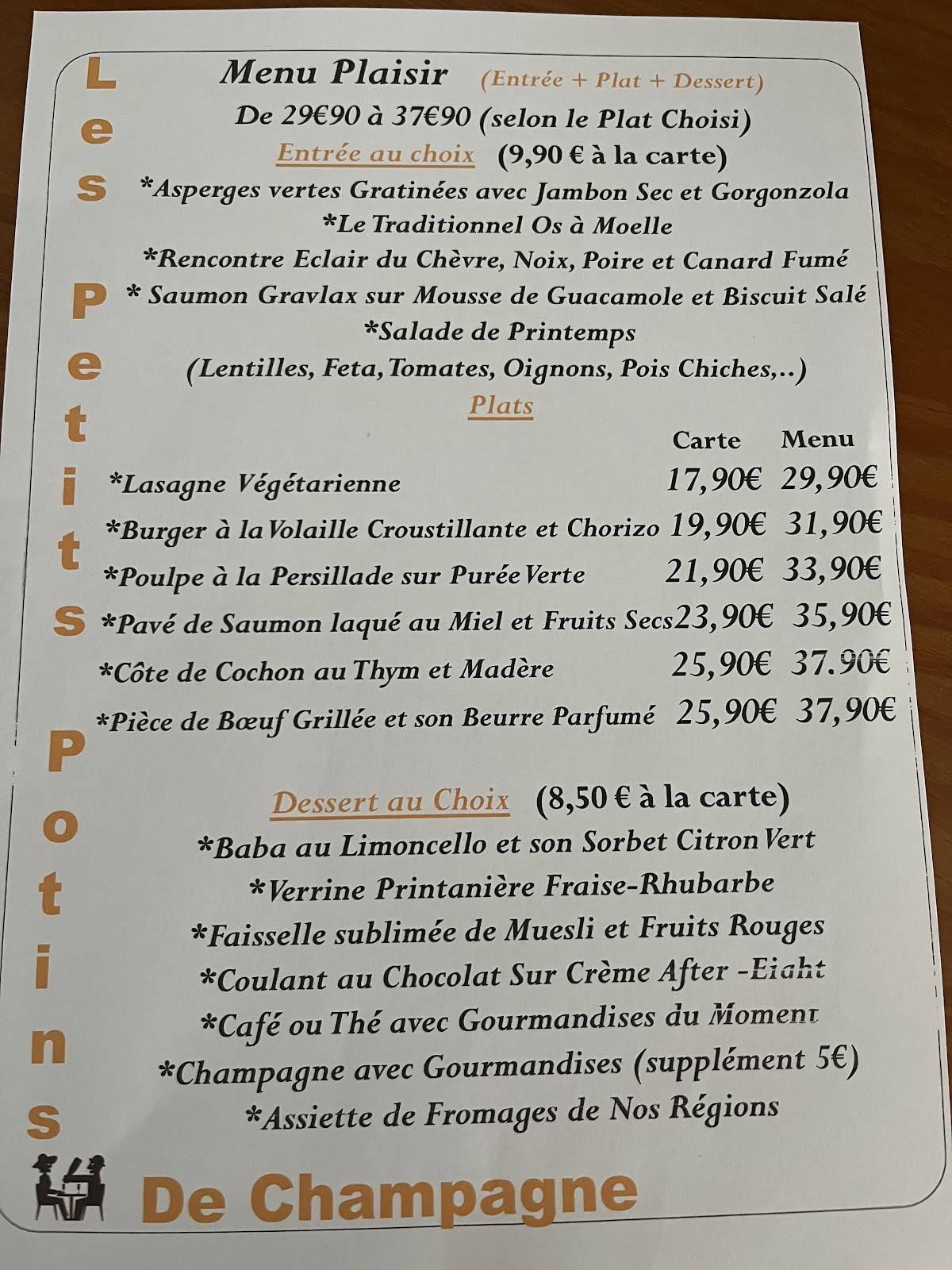 Menu au Les Petits Potins restaurant, Passy-Grigny