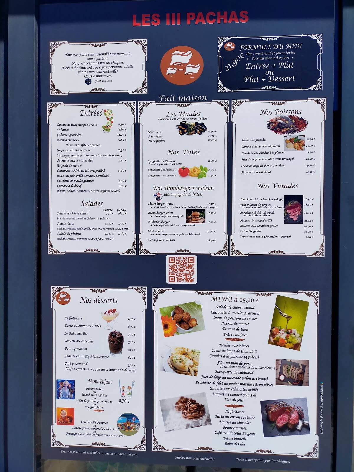 Menu au Les Trois Pachas restaurant, Valras-Plage