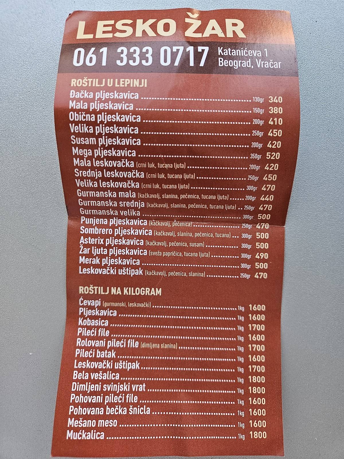 Carta del restaurante Lesko Zar, Belgrado, Katanićeva 1
