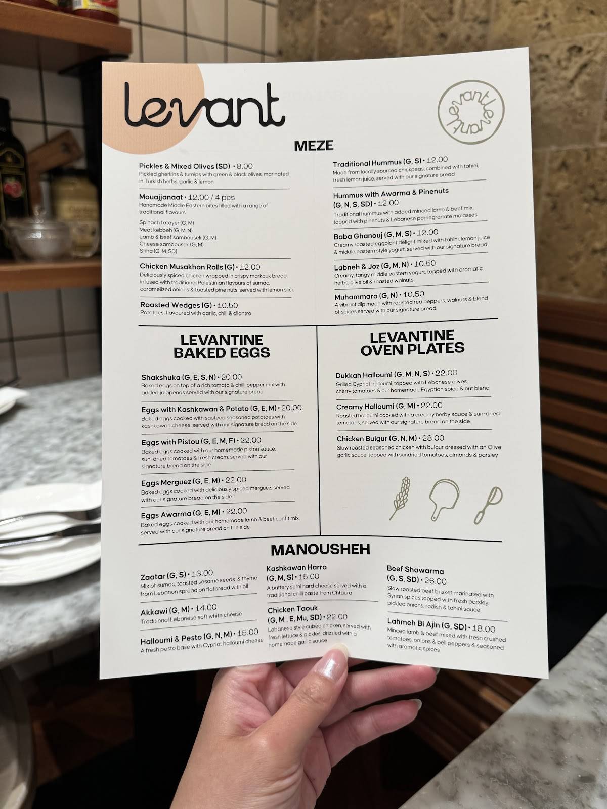 Menu at Levant Harrods restaurant, London