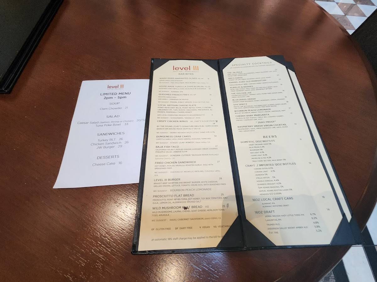 Menu at Level III Restaurant, San Francisco