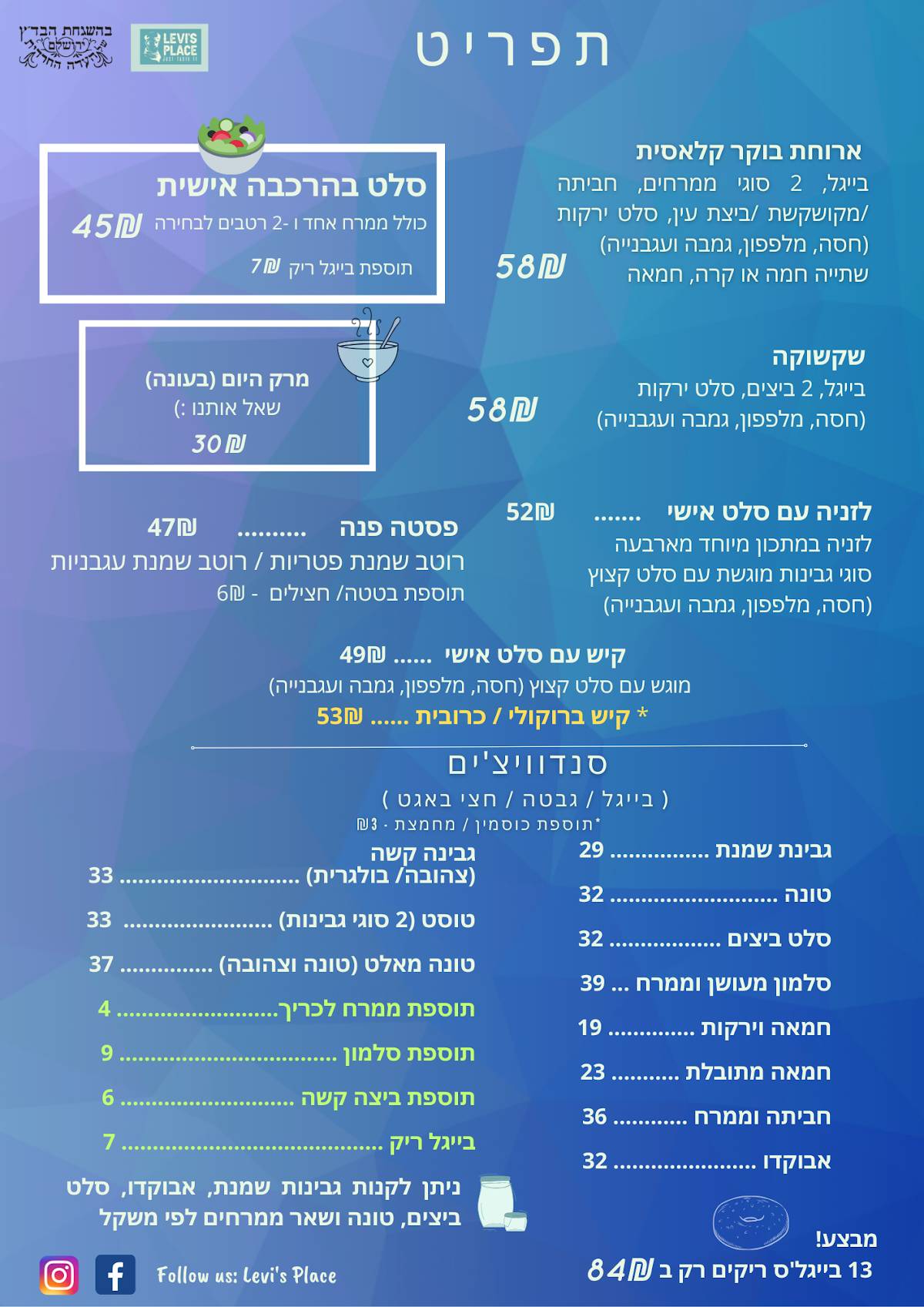 Menu at Levi's place, Jerusalem