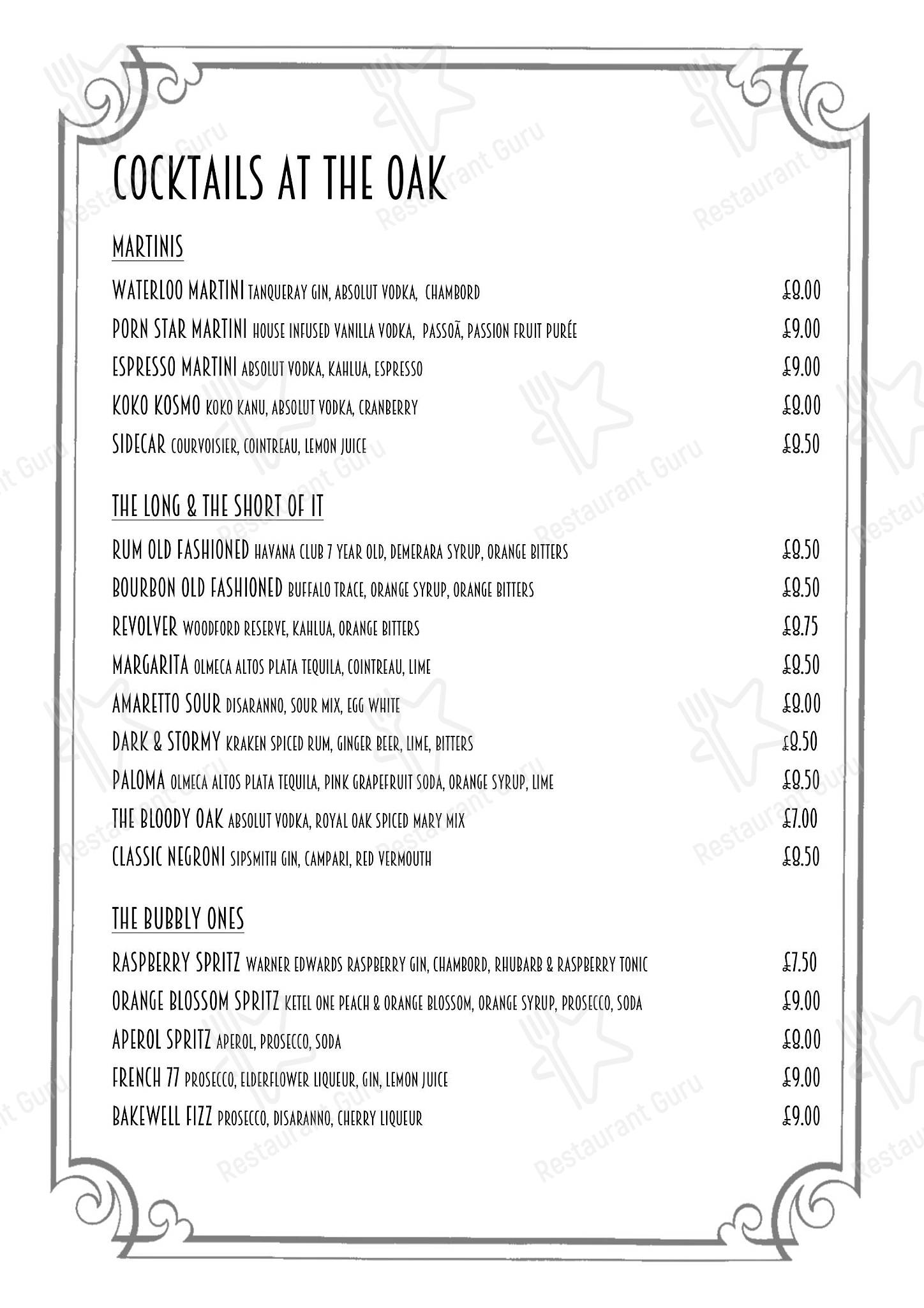 Menu at The Royal Oak pub & bar, Lewes