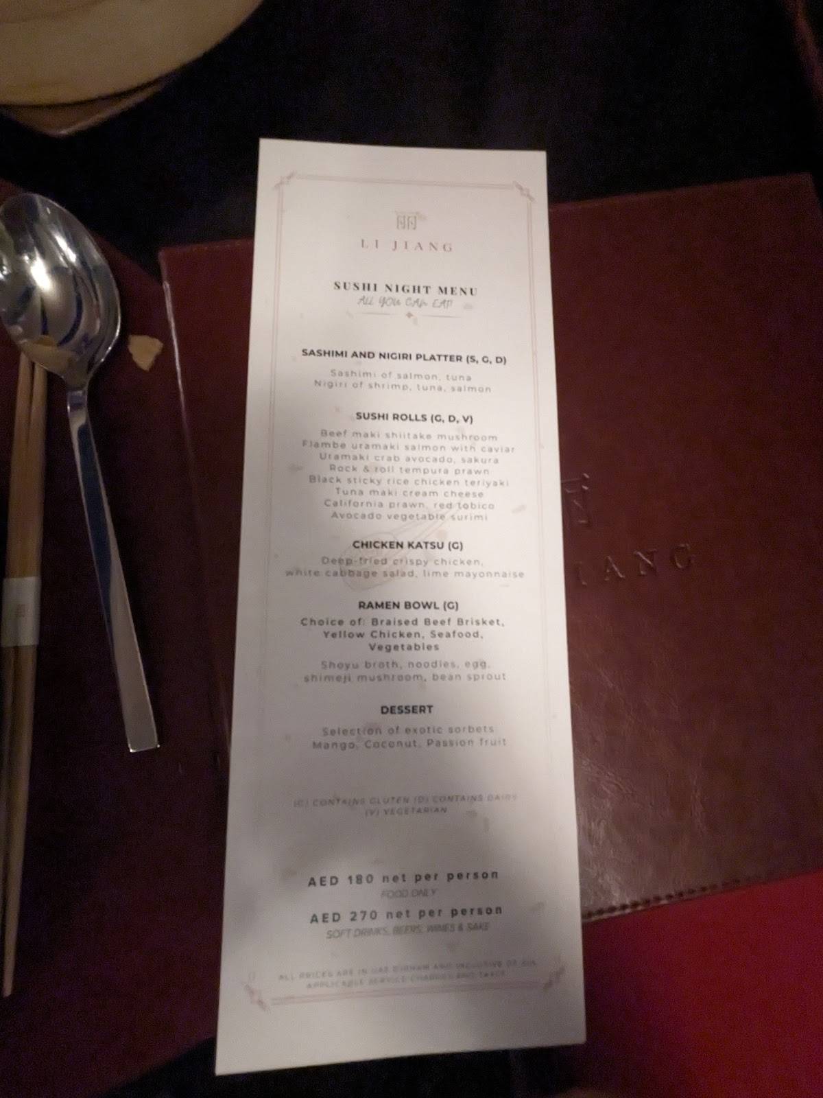 Menu at Li Jiang restaurant, Abu Dhabi