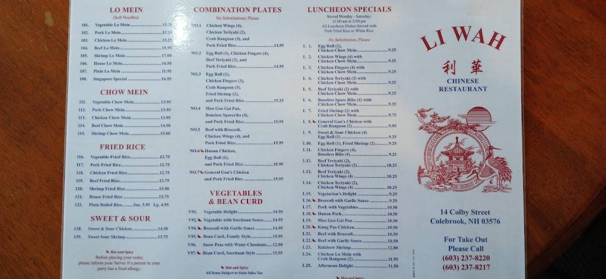 Menu at Li Wah Chinese Restaurant, Colebrook