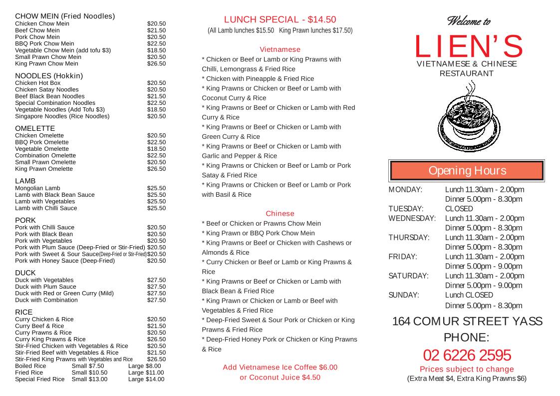 Menu at Liens Vietnamese Chinese Restaurant, Yass