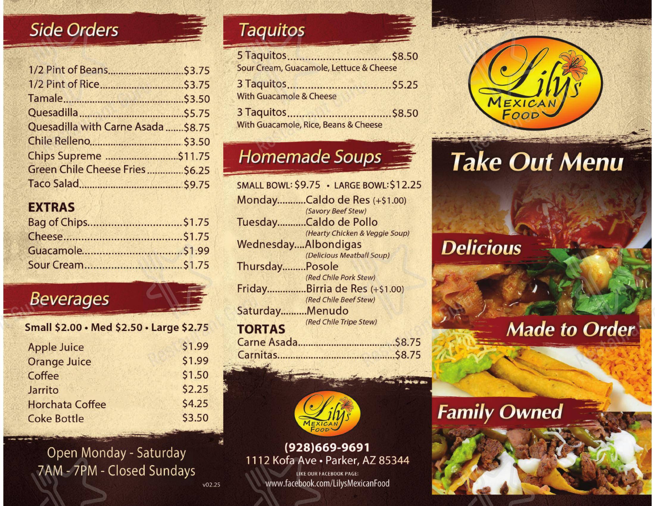Menu at Lily's Mexican Food restaurant, Parker