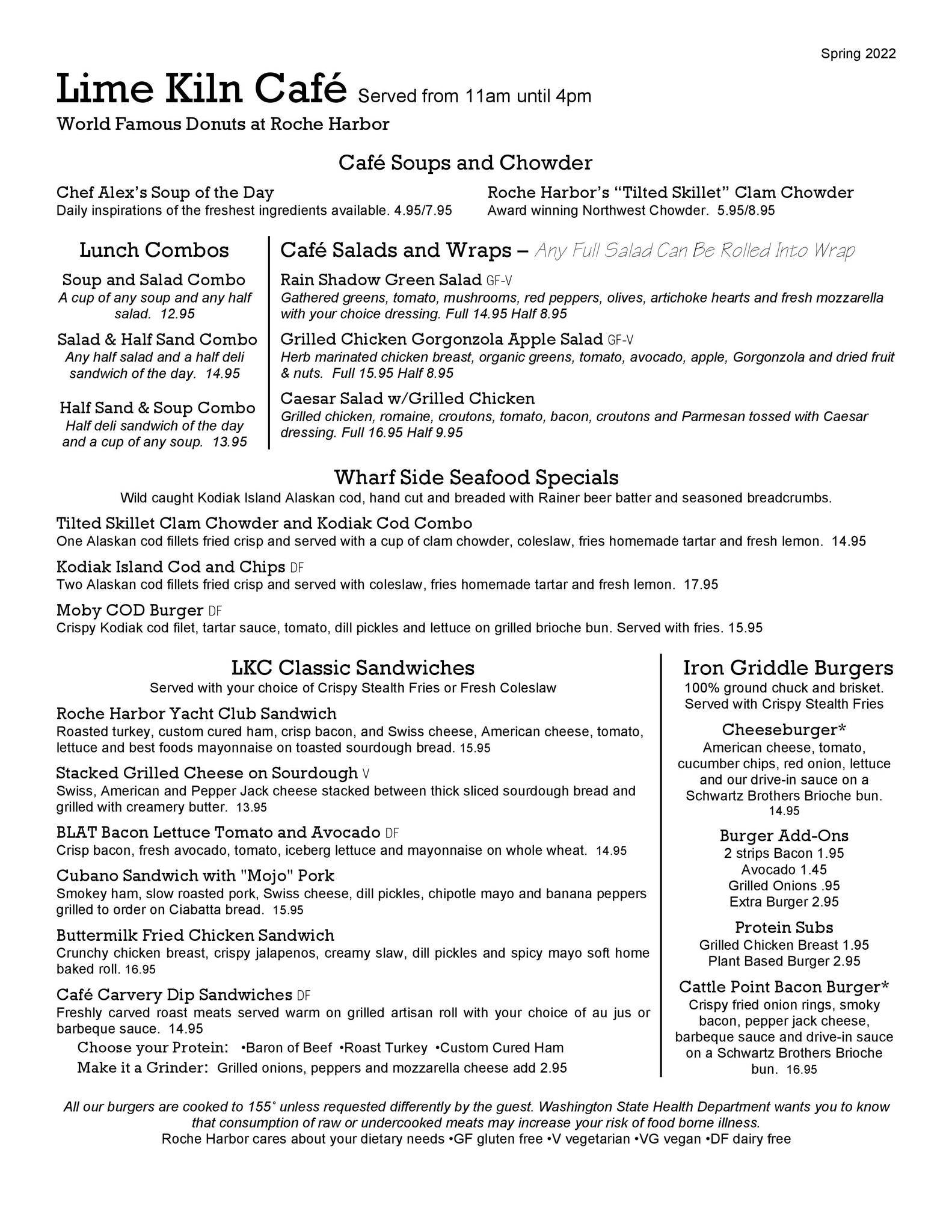 Menu at Lime Kiln Cafe, Roche Harbor, 248 Reuben Memorial Dr