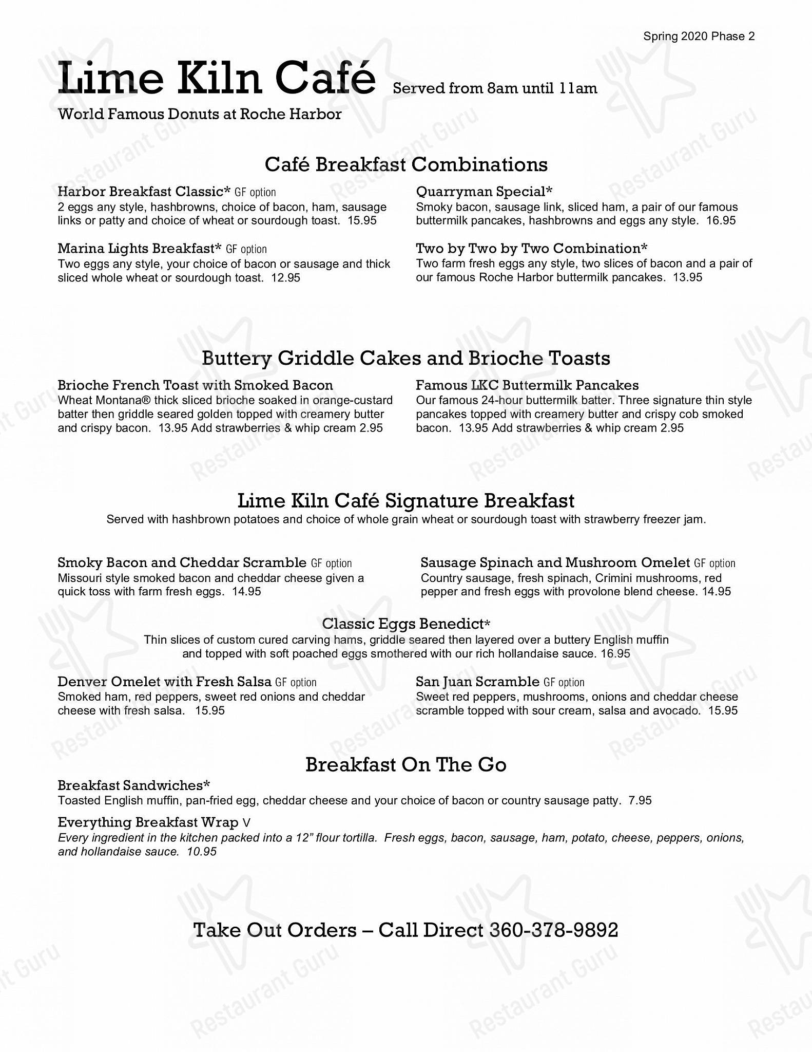 Menu at Lime Kiln Cafe, Roche Harbor, 248 Reuben Memorial Dr