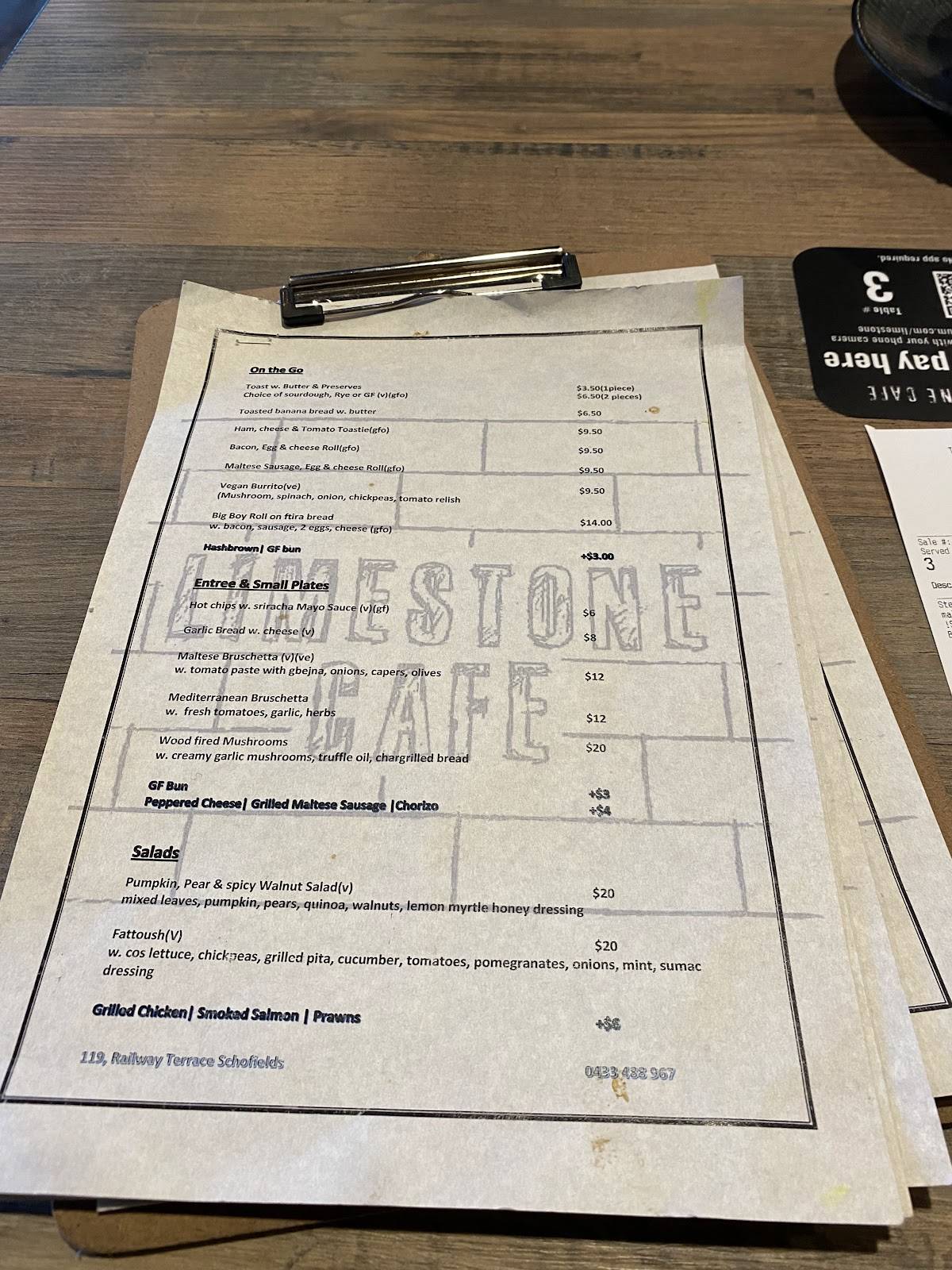 Menu at Limestone Cafe, Schofields