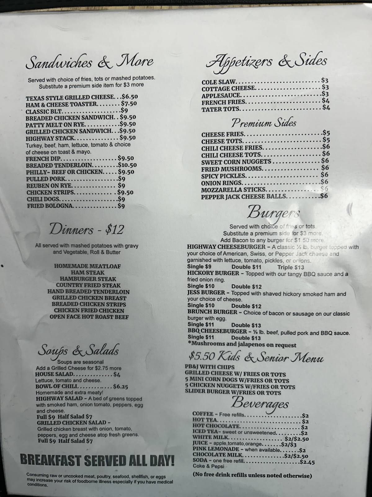 Menu at Highway Cafe, Lincoln