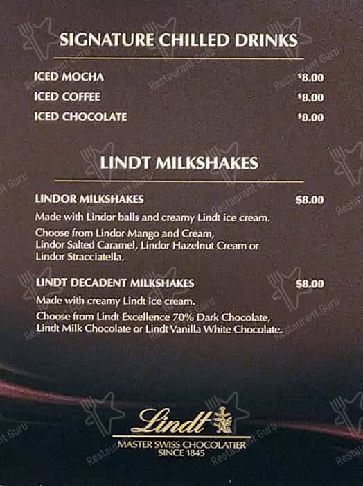 Menu at Lindt cafe, Melbourne, 201 Spencer St