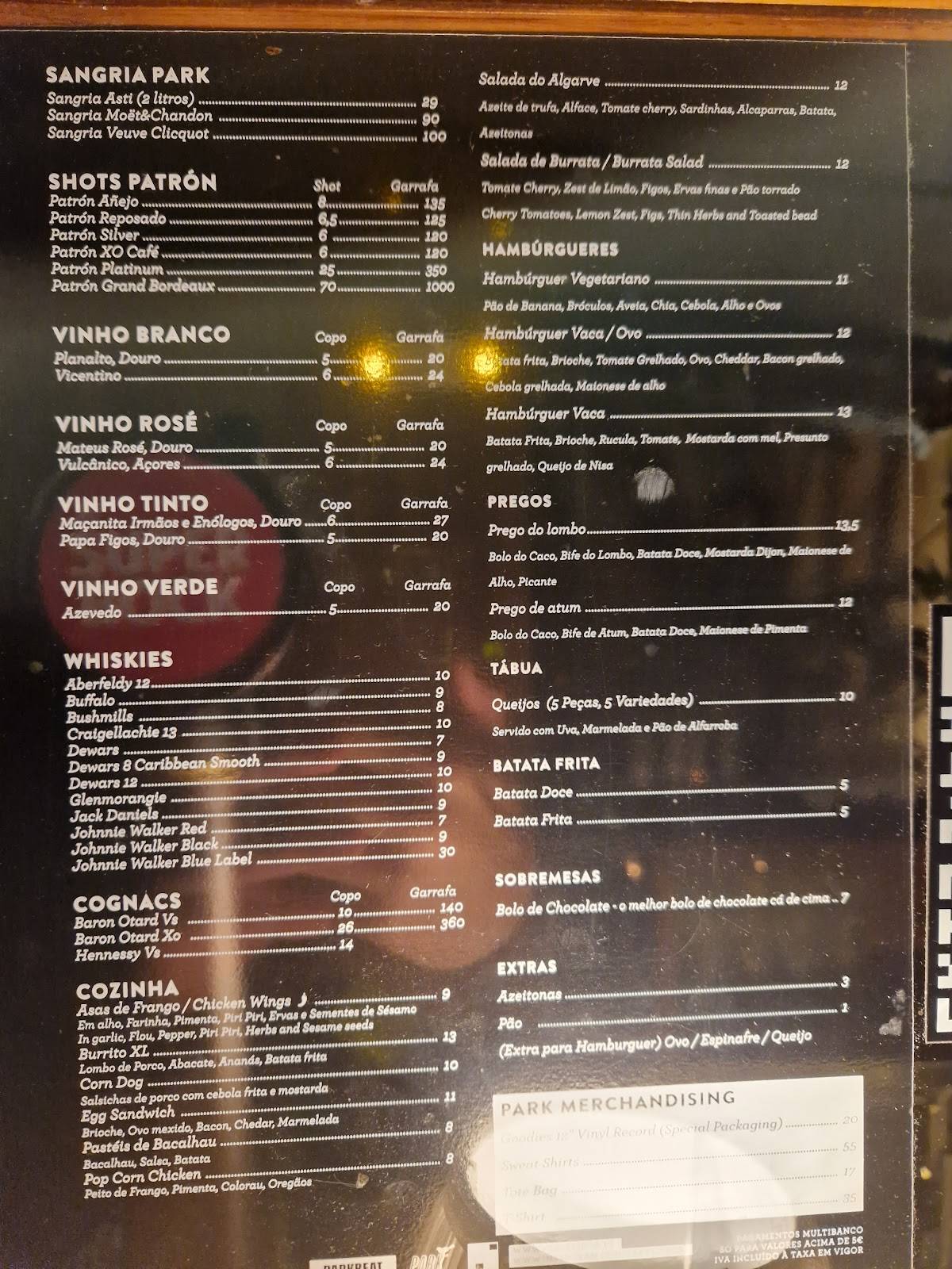 Menu at Park Rooftop pub & bar, Lisbon, Calçada do Combro 58