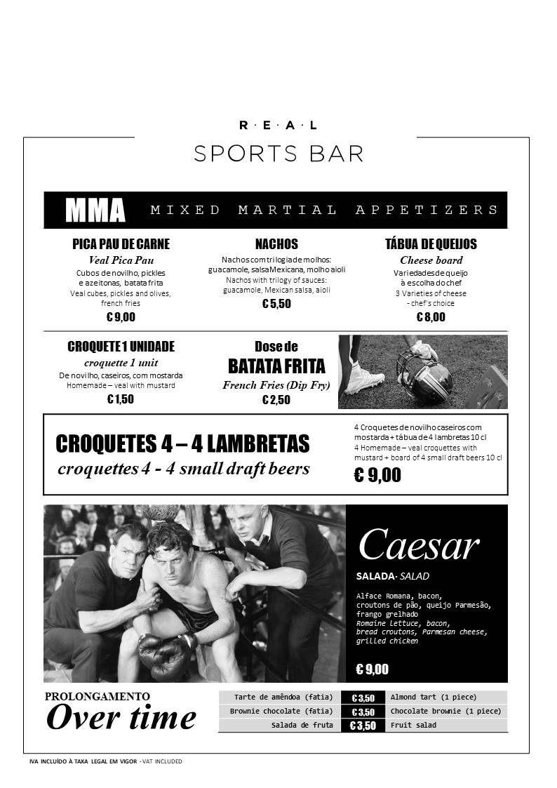 Menu em Real Sports Bar, Lisboa, R. São Sebastião da Pedreira