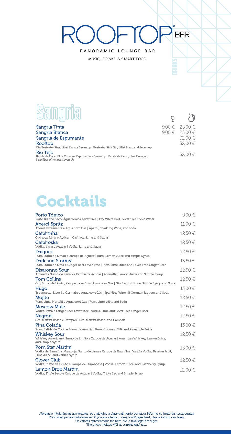 Menu at ROOFTOP Bar - Hotel Mundial, Lisbon