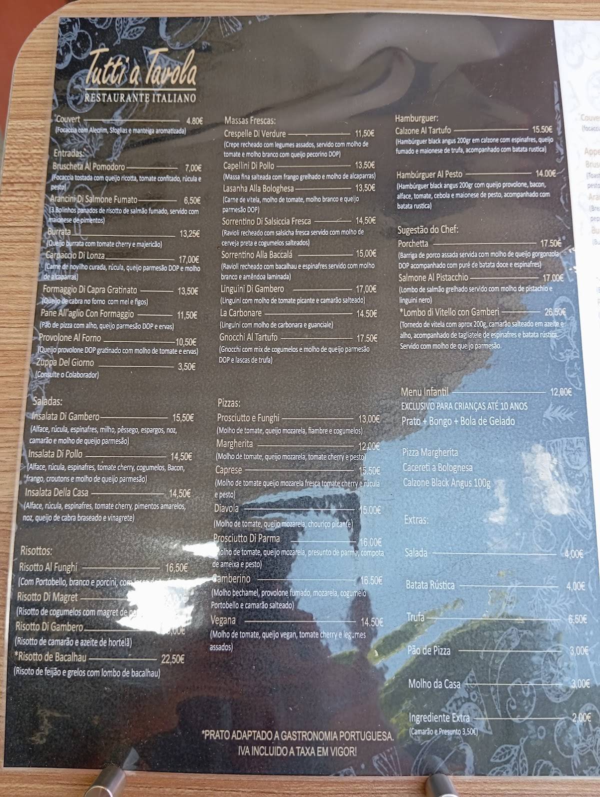 Menu em Tutti a Tavola restaurante, Lisboa, Jardim Mário Soares